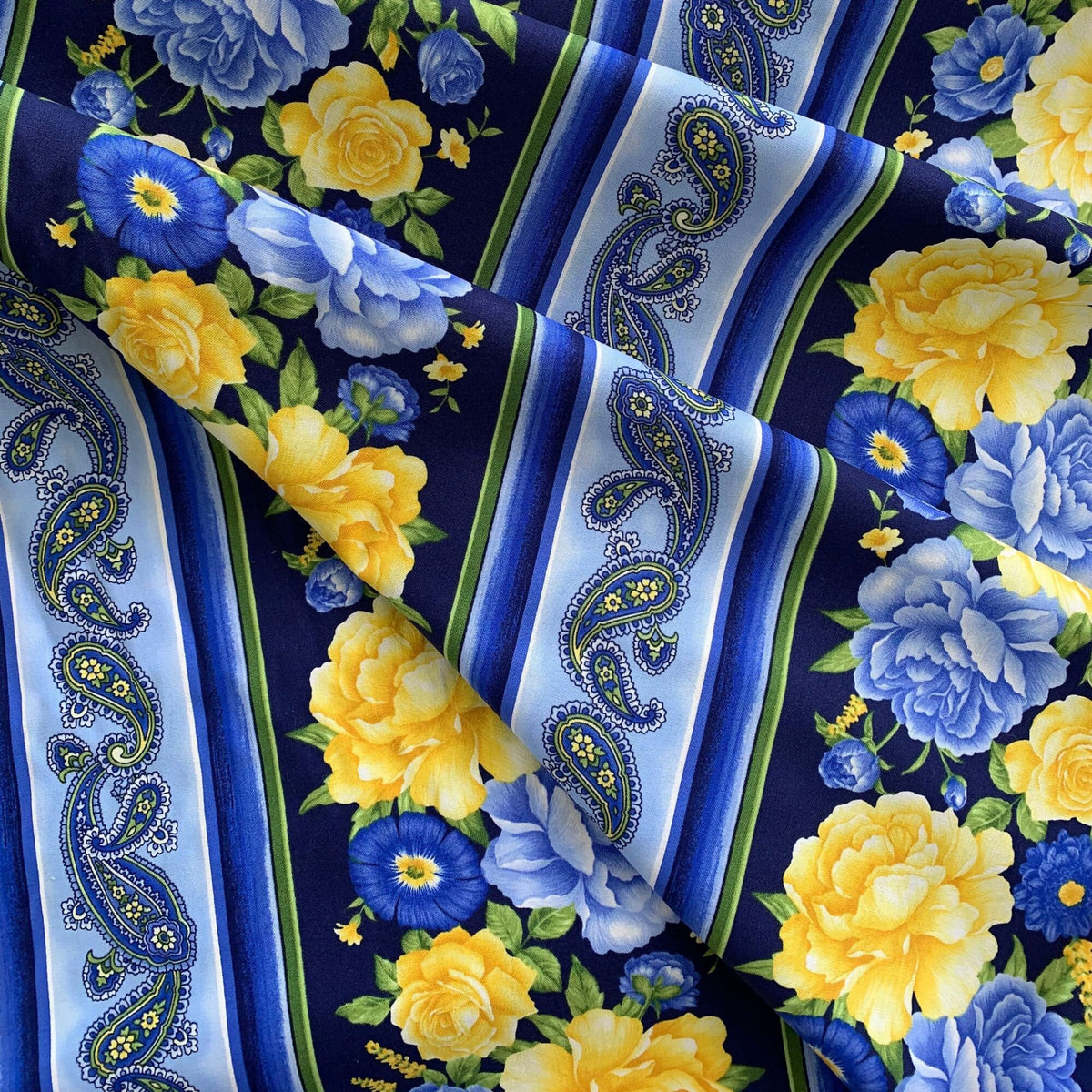 Angelica Floral Border Fabric by Chong a Hwang - Navy Blue & Yellow ...